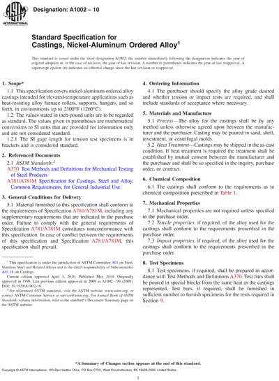 ASTM A1002-10 - Standard Specification for Castings, Nickel-Aluminum ...