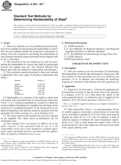 ASTM A255-02e1 - Standard Test Methods for Determining Hardenability of ...