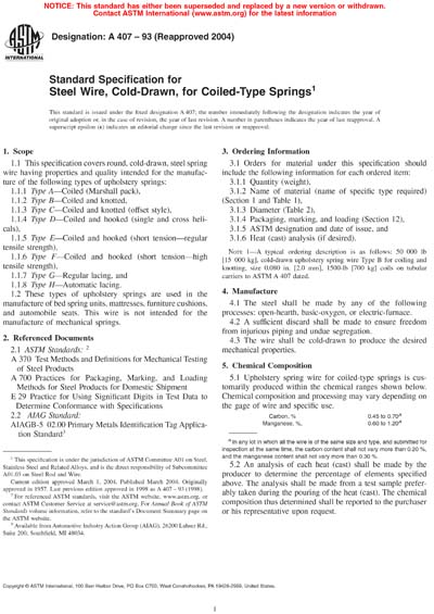 ASTM A407-93(2004) - Standard Specification for Steel Wire, Cold-Drawn ...