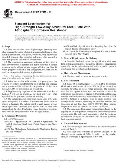 ASTM A871/A871M-01 - Standard Specification for High-Strength Low-Alloy ...