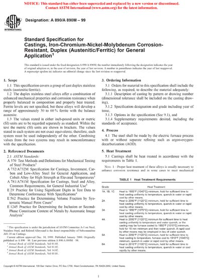 ASTM A890/A890M-99 - Standard Specification for Castings, Iron-Chromium ...