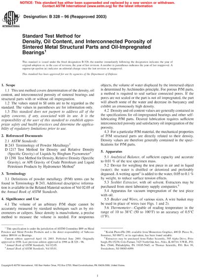 ASTM B328-96(2003) - Standard Test Method for Density, Oil Content, and ...