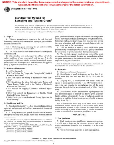 ASTM C1019-00b - Standard Test Method for Sampling and Testing Grout