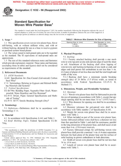 ASTM C1032-96(2002) - Standard Specification for Woven Wire Plaster Base