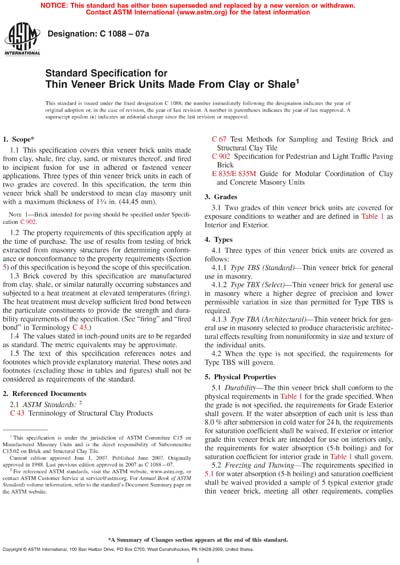 ASTM C1088-07a - Standard Specification for Thin Veneer Brick Units ...