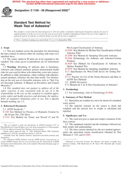 ASTM C1120-98(2002)e1 - Standard Test Method for Wash Test of Asbestos