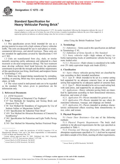 ASTM C1272-02 - Standard Specification for Heavy Vehicular Paving Brick