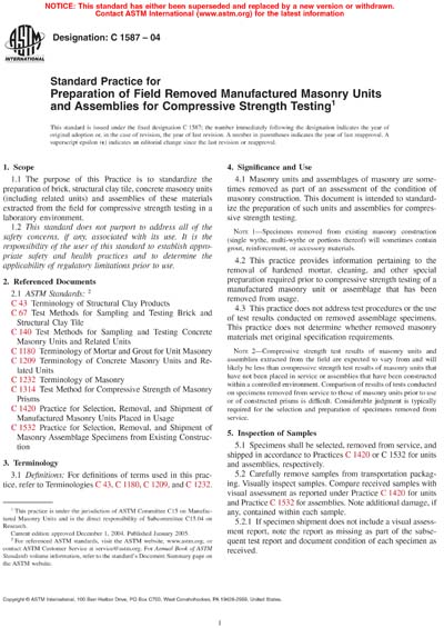 ASTM C1587-04 - Standard Practice for Preparation of Field Removed ...
