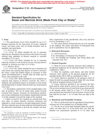 ASTM C32-93(1999)e1 - Standard Specification for Sewer and Manhole ...