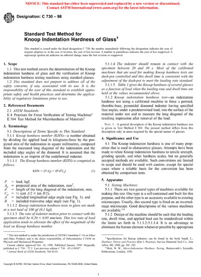 ASTM C730-98 - Standard Test Method for Knoop Indentation Hardness of Glass