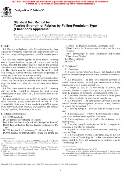 ASTM D1424-96 - Standard Test Method for Tearing Strength of Fabrics by ...