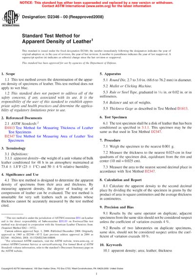 ASTM D2346-00(2008) - Standard Test Method for Apparent Density of Leather