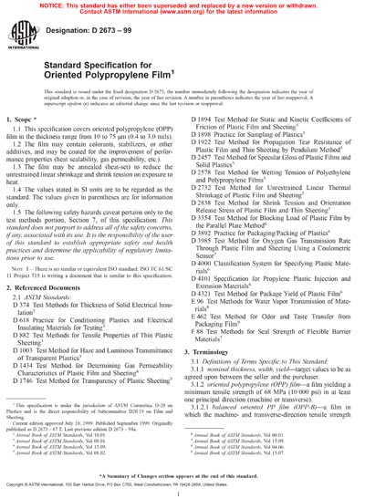 ASTM D2673-99 - Standard Specification for Oriented Polypropylene Film
