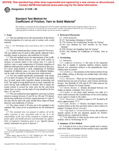 ASTM D3108-95 - Standard Test Method for Coefficient of Friction, Yarn ...