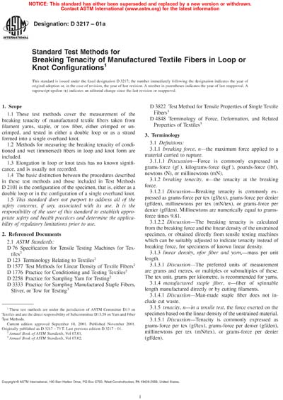 ASTM D3217-01a - Standard Test Methods for Breaking Tenacity of ...