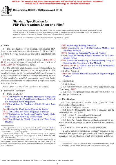 ASTM D3368-04(2010) - Standard Specification for FEP-Fluorocarbon Resin ...