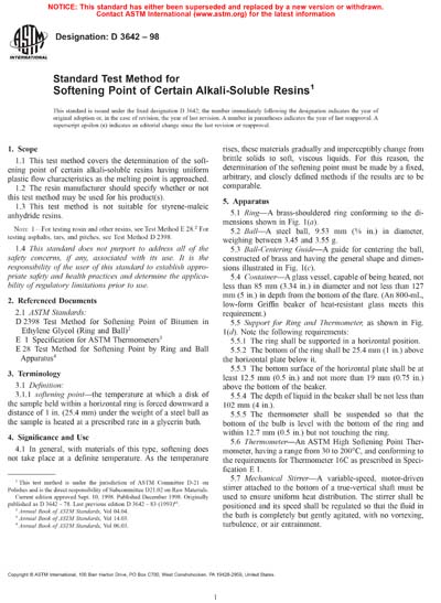 ASTM D3642-98 - Standard Test Method for Softening Point of Certain ...