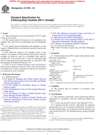 ASTM D3728-03 - Standard Specification for 2-Ethoxyethyl Acetate (99 % ...