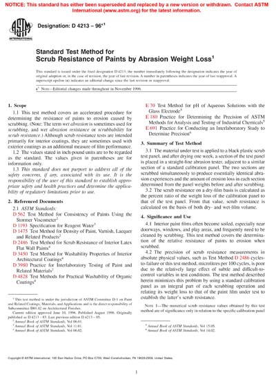 ASTM D4213-96e1 - Standard Test Method for Scrub Resistance of Paints ...