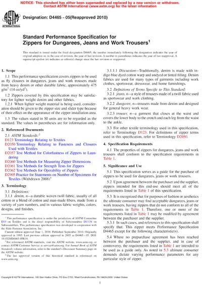 ASTM D4465-05(2010) - Standard Performance Specification for Zippers ...