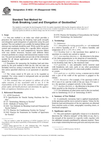 ASTM D4632-91(1996) - Standard Test Method for Grab Breaking Load and ...