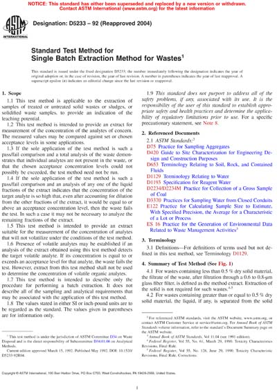 ASTM D5233-92(2004) - Standard Test Method for Single Batch Extraction ...