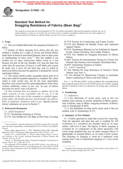 ASTM D5362-03 - Standard Test Method for Snagging Resistance of Fabrics ...