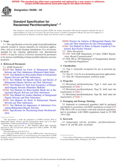 ASTM D5396-04 - Standard Specification for Reclaimed Perchloroethylene
