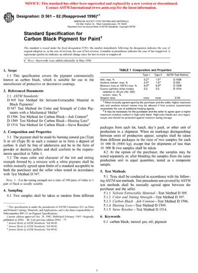 ASTM D561-82(1996)e1 - Standard Specification for Carbon Black Pigment ...