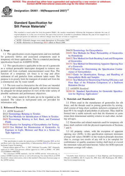 ASTM D6461-99(2007)e2 - Standard Specification for Silt Fence Materials