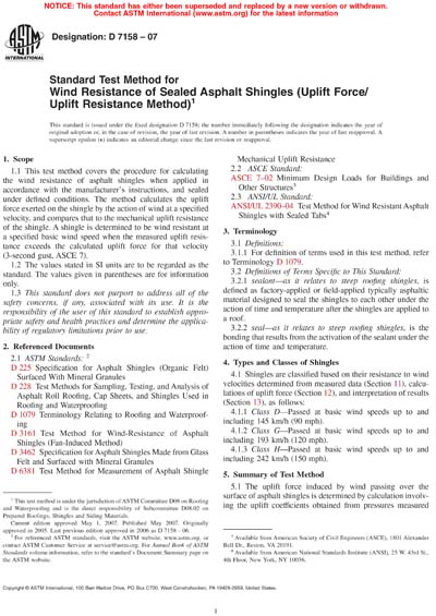 ASTM D7158-07 - Standard Test Method for Wind Resistance of Sealed ...