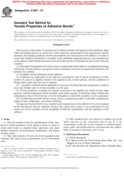 ASTM D897-01 - Standard Test Method for Tensile Properties of Adhesive ...