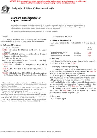 ASTM E1120-97(2002) - Standard Specification for Liquid Chlorine