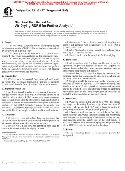 ASTM E1183-87(1996) - Standard Test Method for Air Drying RDF-5 for ...