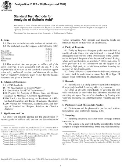 ASTM E223-96(2002) - Standard Test Methods for Analysis of Sulfuric Acid