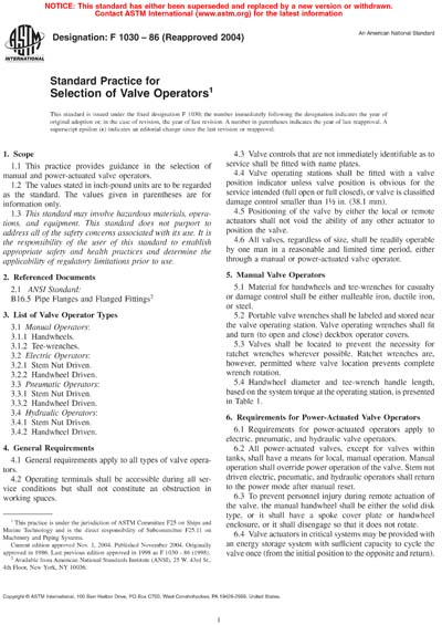 ASTM F1030-86(2004) - Standard Practice for Selection of Valve Operators