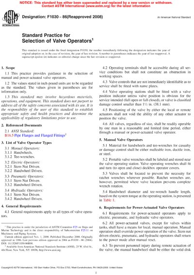 ASTM F1030-86(2008) - Standard Practice for Selection of Valve Operators