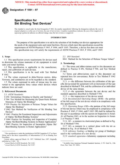 ASTM F1061-97 - Specification for Ski Binding Test Devices