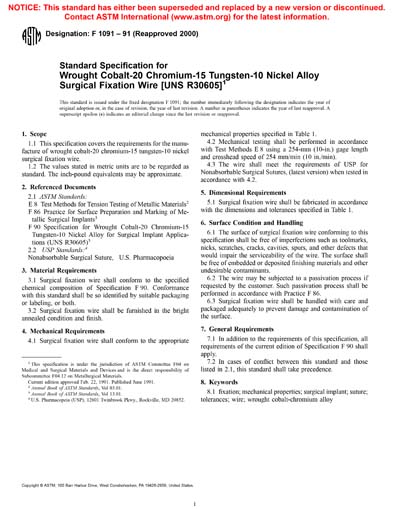 ASTM F1091-91(2000) - Standard Specification for Wrought Cobalt-20 ...