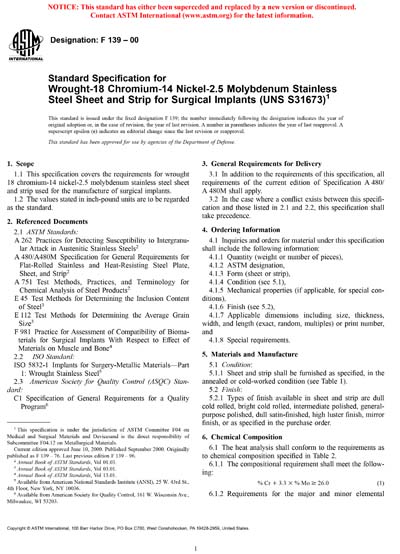 ASTM F139-00 - Standard Specification for Wrought 18 Chromium-14 Nickel ...