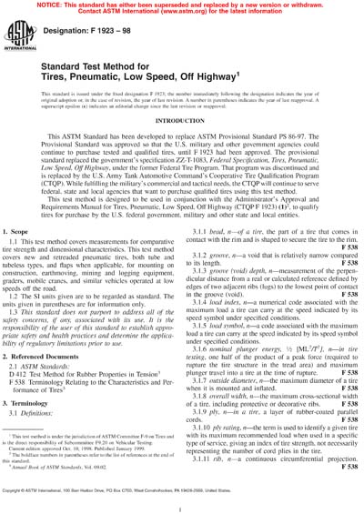ASTM F1923-98 - Standard Test Method for Tires, Pneumatic, Low Speed ...