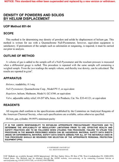 ASTM UOP851-84 - Density of Powders and Solids by Helium Displacement