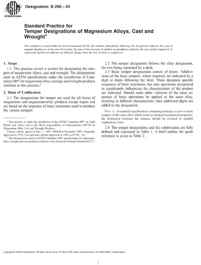 ASTM B296-03 - Standard Practice for Temper Designations of Magnesium ...