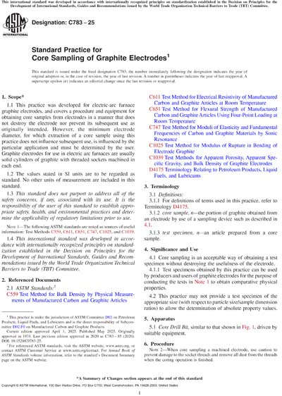ASTM C783-25 - Standard Practice for Core Sampling of Graphite Electrodes