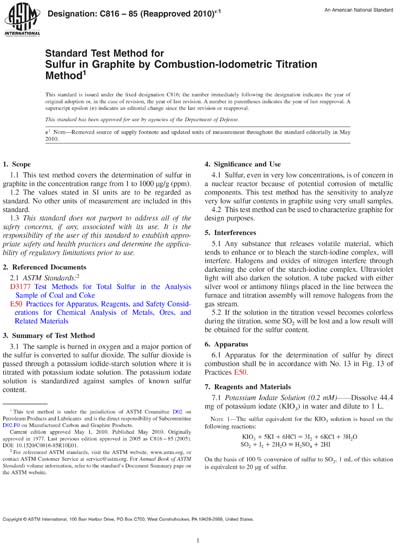 ASTM C816-85(2010)e1 - Standard Test Method for Sulfur in Graphite by ...