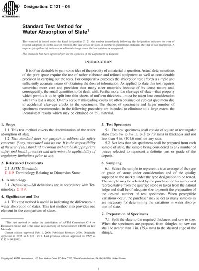 ASTM C121-06 - Standard Test Method for Water Absorption of Slate