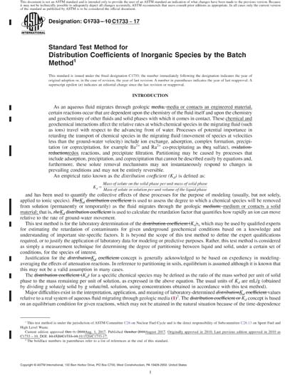 ASTM C1733-17 Red - Standard Test Method for Distribution Coefficients ...