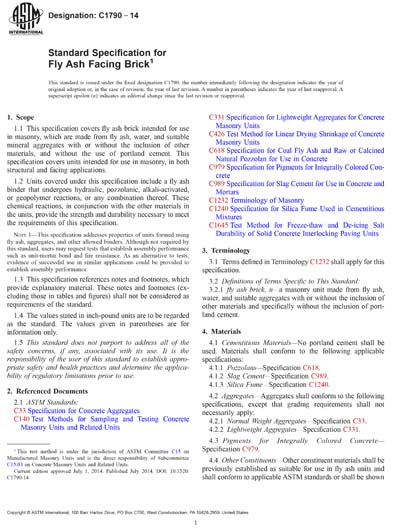 ASTM C1790-14 - Standard Specification for Fly Ash Facing Brick