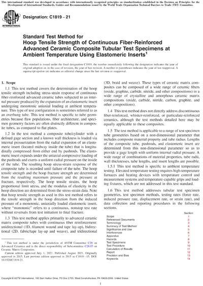 ASTM C1819-21 - Standard Test Method for Hoop Tensile Strength of ...