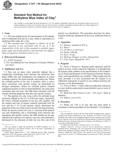 ASTM C837-99(2003) - Standard Test Method for Methylene Blue Index of Clay